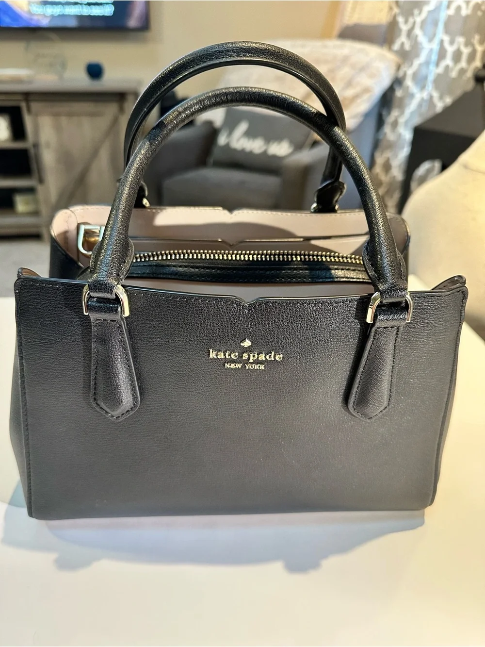 kate spade | Bags | Kate Spade Black Leather Satchel With Gold Logo ...